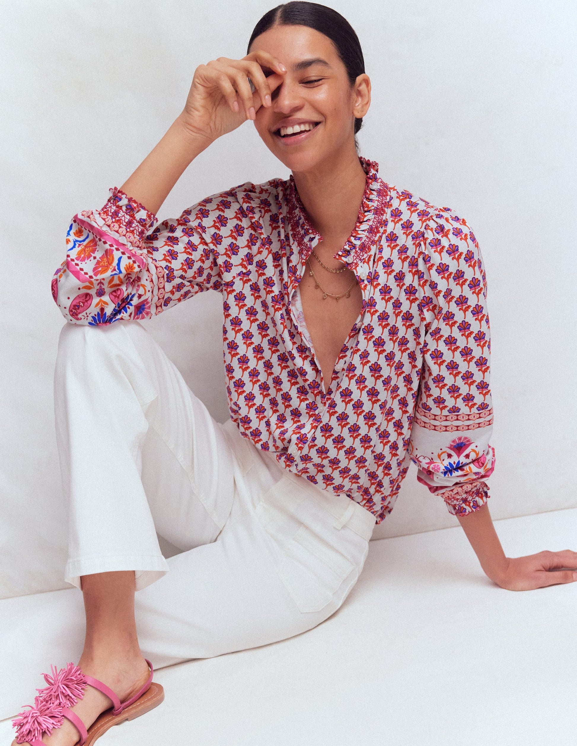 Effie Smocked Detail Shirt-Multi, Meadow Stamp Placement | Boden EU